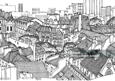 위에서 파리의 지붕입니다 흑백 선형 그래픽 출판 포스터 배너의 배경에 적합합니다 소셜 네트워크 기사 간행물 엽서 인쇄에 사용할 수 있습니다 파리 일 드 프랑스에 대한 스톡