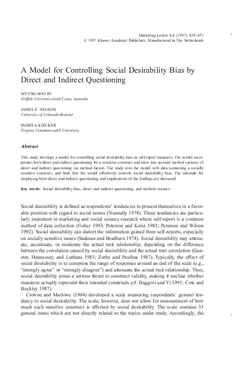 Pdf A Model For Controlling Social Desirability Bias By Direct And Indirect Questioning