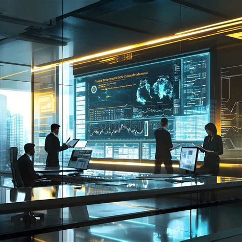 Business Team Analyzing Financial Data On Large Screen In Modern Office With City View And