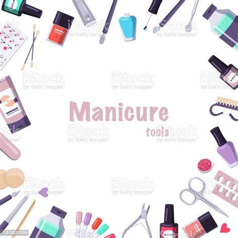 매니큐어 도구 세트와 텍스트 배치가 있는 프레임입니다 장비 수집 파일 니퍼 가위 매니큐어 손과 손톱의 건강을 돌보는 뷰티 살롱 아이콘 0명에 대한 스톡 벡터 아트 및 기타