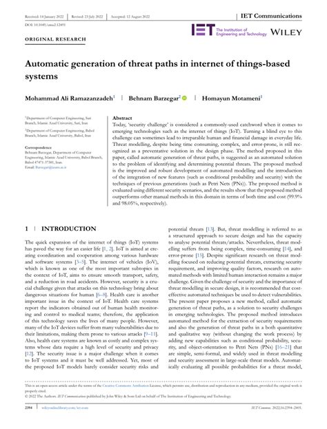 Pdf Automatic Generation Of Threat Paths In Internet Of Things‐based Systems
