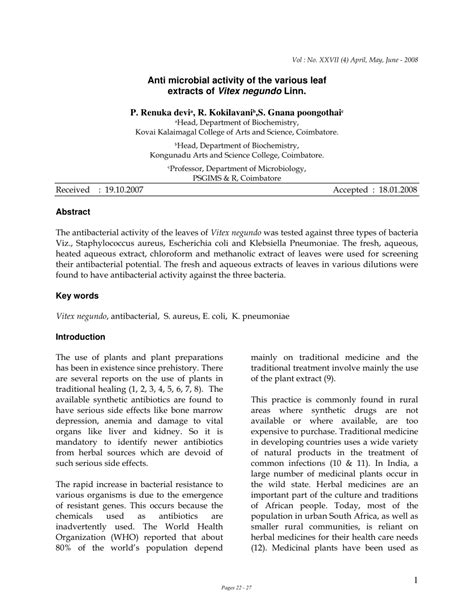 Pdf Anti Microbial Activity Of The Various Leaf Extracts Of Vitex Negundo Linn