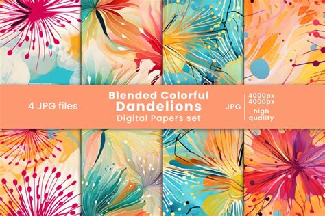 Blended Colorful Dandelions Digital Papers