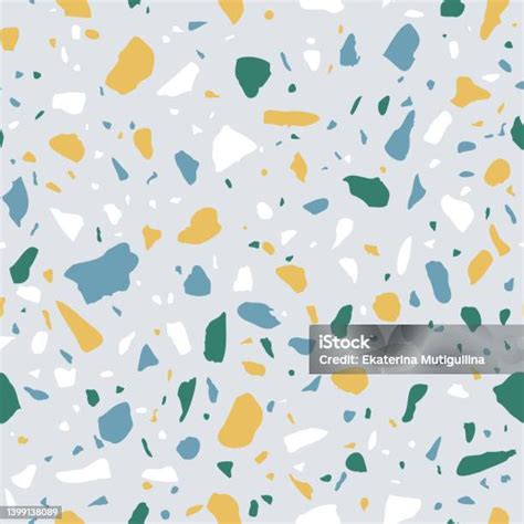 벡터 테라조 이음새가 없는 패턴 추상 이탈리아 바닥재 돌 파란색 배경에 콘크리트 다색 작은 요소 질감 가정용 인테리어 디자인 직물을위한 화강암 자연 질감 인쇄 타일에 대한