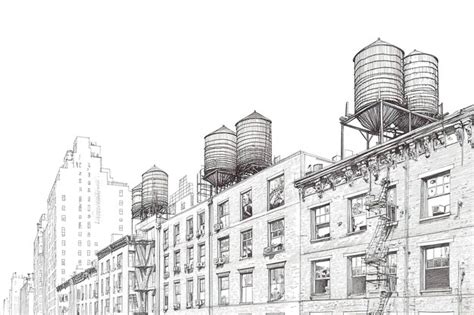 A Drawing Of The Outside Wall And Side View Of An Apartment Building In New York City With Many