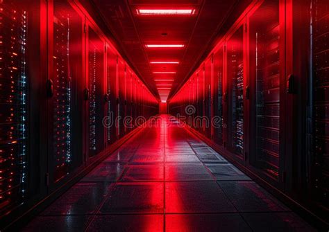 Red Illuminated Data Center Corridor With High Tech Network Servers