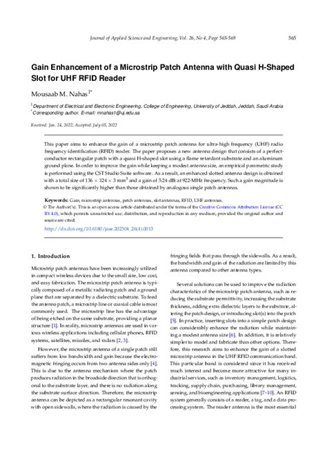 Pdf Gain Enhancement Of A Microstrip Patch Antenna With Quasi H Shaped Slot For Uhf Rfid Reader