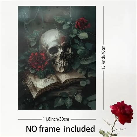 고딕 미술 포스터 장미와 열린 책이 있는 두개골 죽음과 아름다움 프레임 없는 캔버스 프린트 가정 사무실 거실 침실 주방 및 야외 공간을 위한 장식 벽 예술