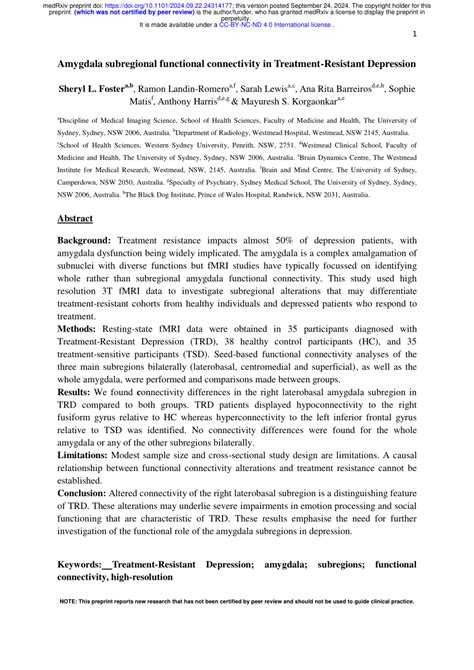 Pdf Amygdala Subregional Functional Connectivity In Treatment Resistant Depression