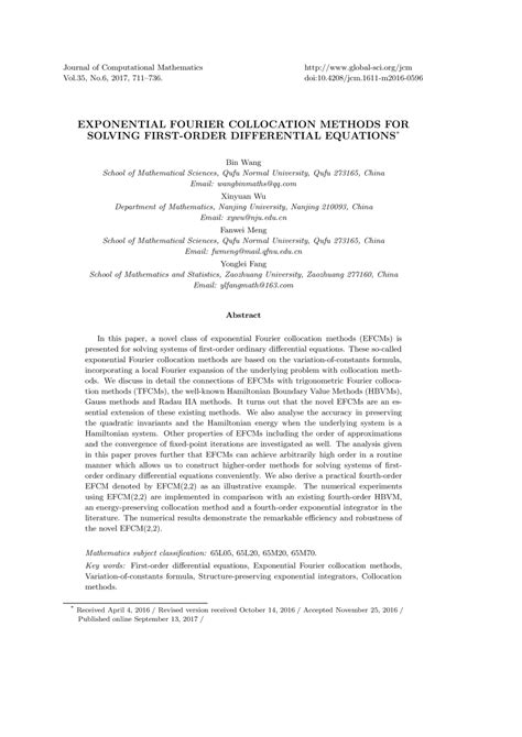 Global Science Press Exponential Fourier Collocation Methods For Solving First Order