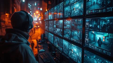 premium photo dimly lit control room figure monitors multiple screens