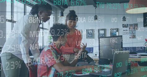 Animation Of Stock Market Over Diverse Colleagues Discussing Work In
