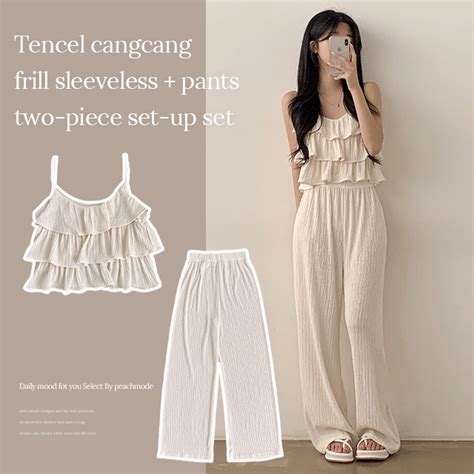 투피스휴양지 코디끝 캉캉 프릴 크롭 나시 와이드 팬츠 투피스 셋업 세트 3color 에이블리