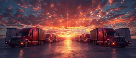 Parked Trucks With Sunrise Backdrop Golden Light Filling The Scene