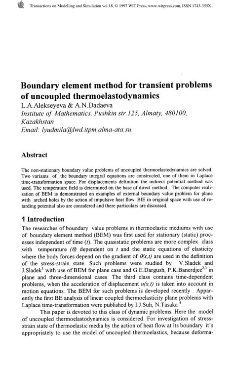 Pdf Boundary Element Method For Transient Problems Of Uncoupled