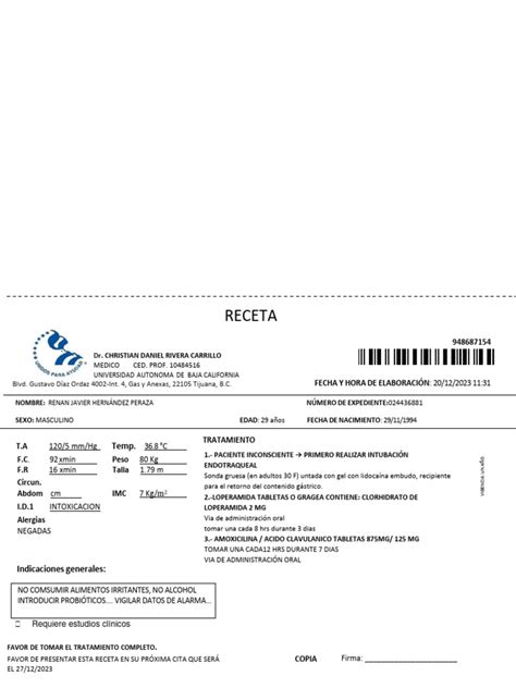 Receta Médica Para Intoxicación Y Tratamiento Pdf Farmacología