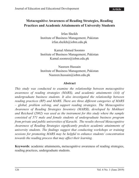 Pdf Metacognitive Awareness Of Reading Strategies Reading Practices And Academic Attainments