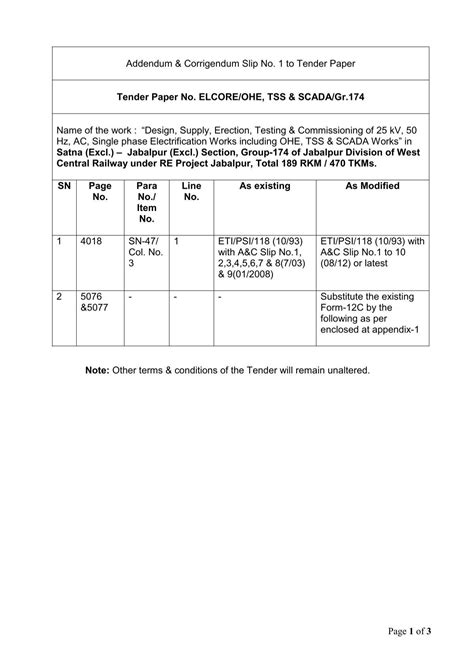 Page 1 Of 3 Addendum And Corrigendum Slip No 1 To Tender Paper