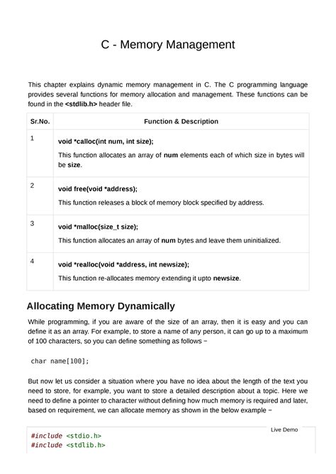 C Memory Management C Memory Management This Chapter Explains Dynamic Memory Management In C
