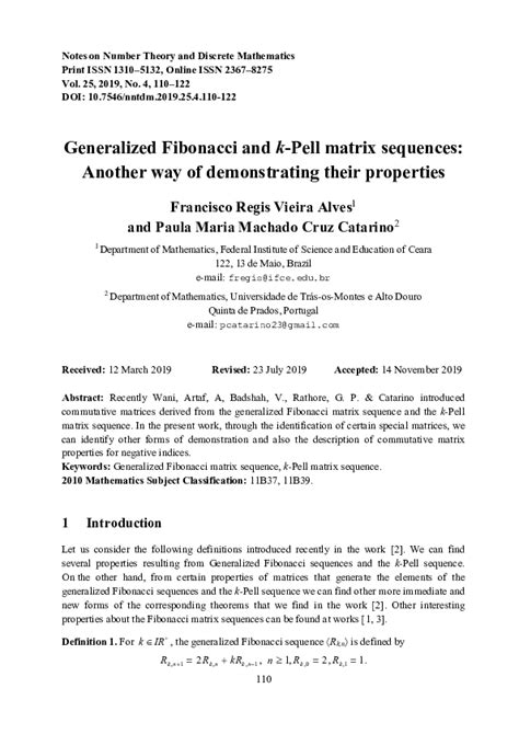 Pdf Generalized Fibonacci And K Pell Matrix Sequences Another Way Of