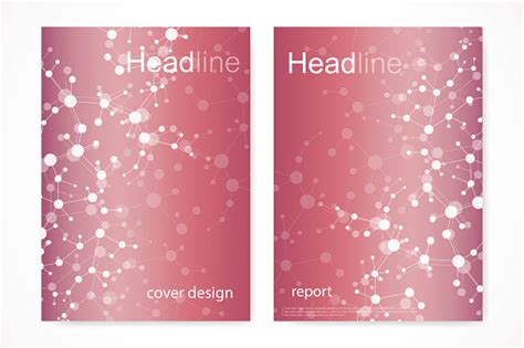 과학적인 브로셔 디자인 서식 파일입니다 벡터 전단지 레이아웃 연결된 라인 및 점 분자 구조 잡지 전단지 커버 포스터 디자인 요소와의 과학적인 패턴 원자 Dna 0명에 대한