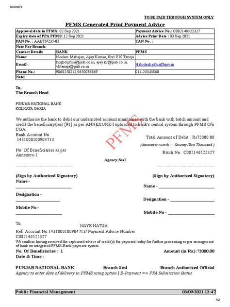 Pfms Generated Print Payment Advice To The Branch Head Pdf Payments Services Economics