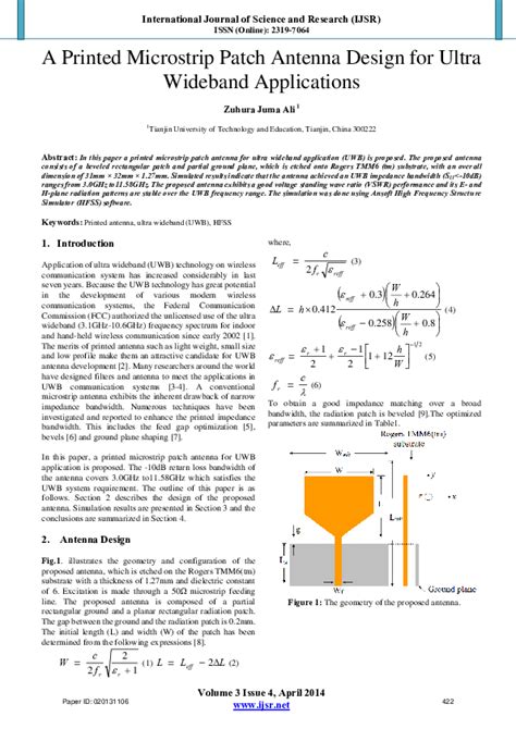 Pdf A Printed Microstrip Patch Antenna Design For Ultra Wideband Applications