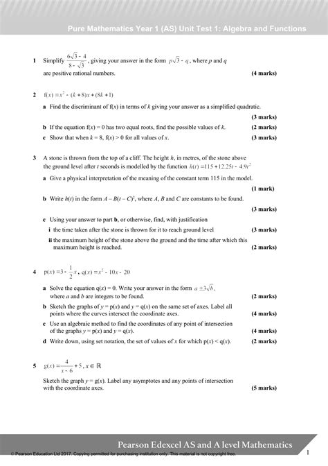 Pearson Edexcel As And A Level Mathematics New Spec 2015 Pure Mathematics Year 1 As Unit Test