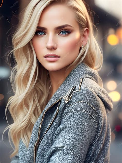 Premium Photo A Blonde Woman With Blue Eyes And A Grey Hoodie