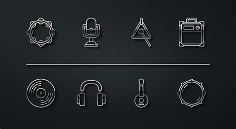 세트 라인 탬버린 비닐 디스크 기타 앰프 밴조 헤드폰 마이크 다이얼 노브 레벨 및 삼각형 아이콘 벡터 검은색에 대한 스톡 벡터 아트 및 기타 이미지 Istock