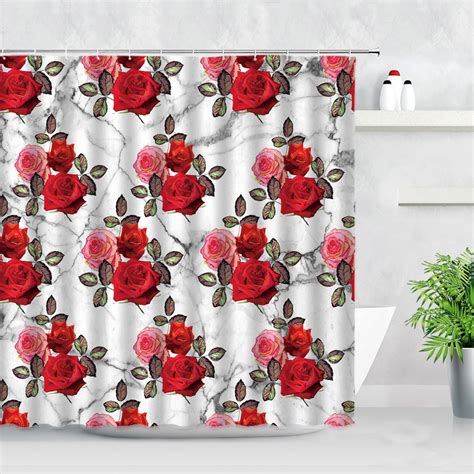 Badu Bg Флорални водоустойчиви завеси за душ Розови цветя Растение Сив фон Печатен плат Параван