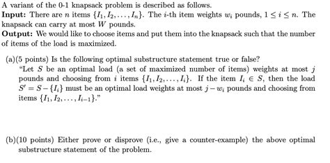 a variant of the 0 1 knapsack problem is described as