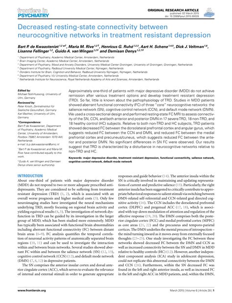 Pdf Decreased Resting State Connectivity Between Neurocognitive