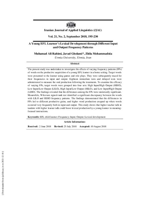 Pdf A Young Efl Learners Lexical Development Through Different Input And Output Frequency