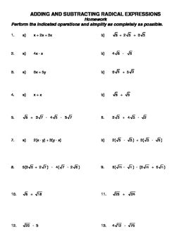 Adding And Subtracting Radical Expressions TpT