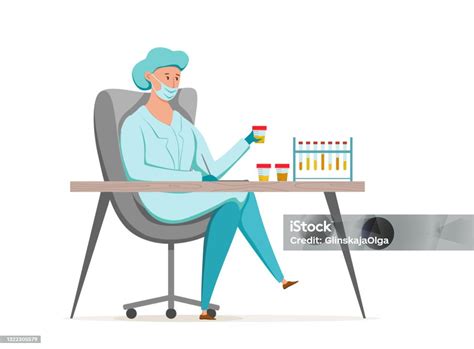 소변 검사 의료 실험실 진단 연구 벡터 일러스트 실험실 외투 검사 분석 샘플을 착용한 과학자 여성은 소변 샘플과 리트머스를 손에 들고 플라스틱 용기를 들고 있습니다 가득