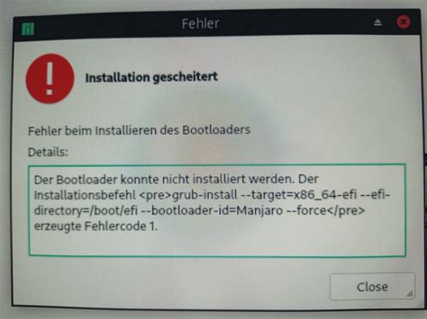 installation fails with boot loader return code 1 support manjaro