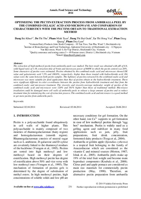 Pdf Optimizing The Pectin Extraction Process From Amberalla Peel By