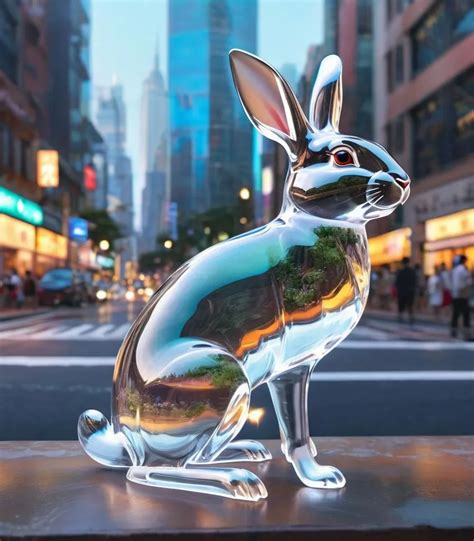 Realistic Glass Rabbit Sculpture In Cityscape Diffus