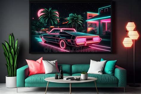 Synthwave Neon Landscape With Palm Trees And Sunset Retro Style