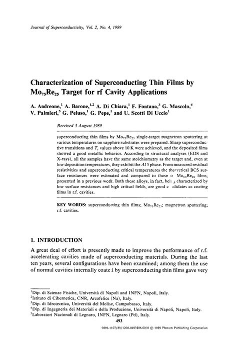 Pdf Characterization Of Superconducting Thin Films By Mo75re25 Target For Rf Cavity Applications