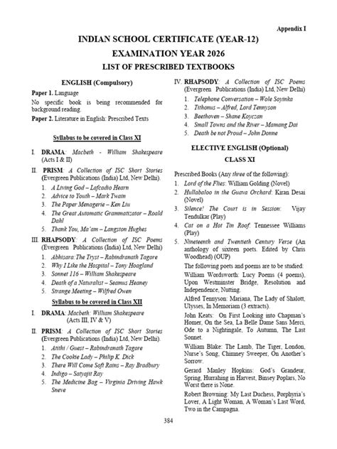 Isc Appendix I Prescribed Books 2026 Pdf Poetry