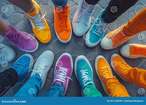 Group Of Young People Wearing Colorful Sneakers Forming A Circle On A