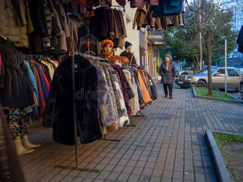 Trade In Fur Coats On The Street Street Clothing Vendor Batumi Open