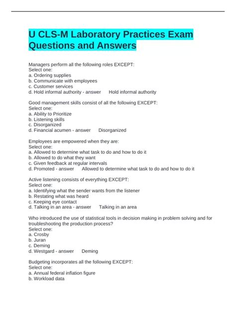 U Cls M Laboratory Practices Exam Questions And Answers Laboratory