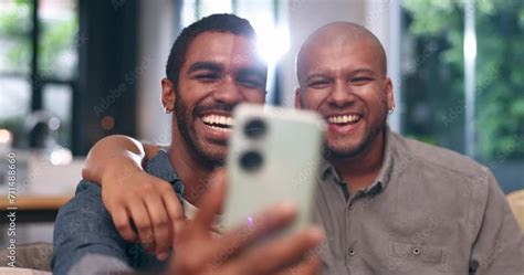 Home Gay Couple And Video Call With Selfie Funny Joke And Love With