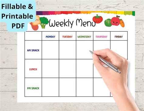 Daycare Weekly Menu Printable Daycare Meal Menu Editable Menu