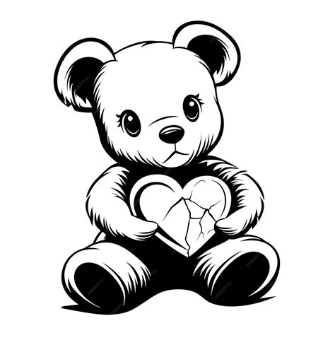 A Black And White Drawing Of A Teddy Bear Holding A Heart Premium Ai