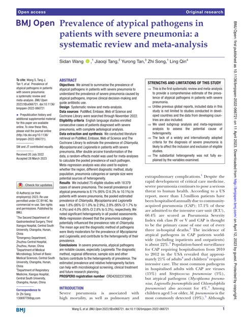 Pdf Prevalence Of Atypical Pathogens In Patients With Severe Pneumonia A Systematic Review