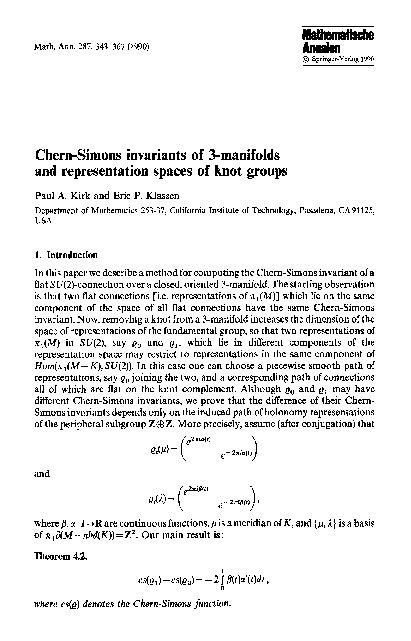 Pdf Chern Simons Invariants Of 3 Manifolds And Representation Spaces